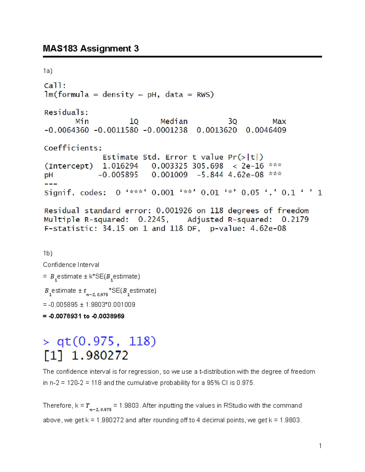 MAS183 Assignment 3: Confidence Intervals for Regression Analysis - Studocu