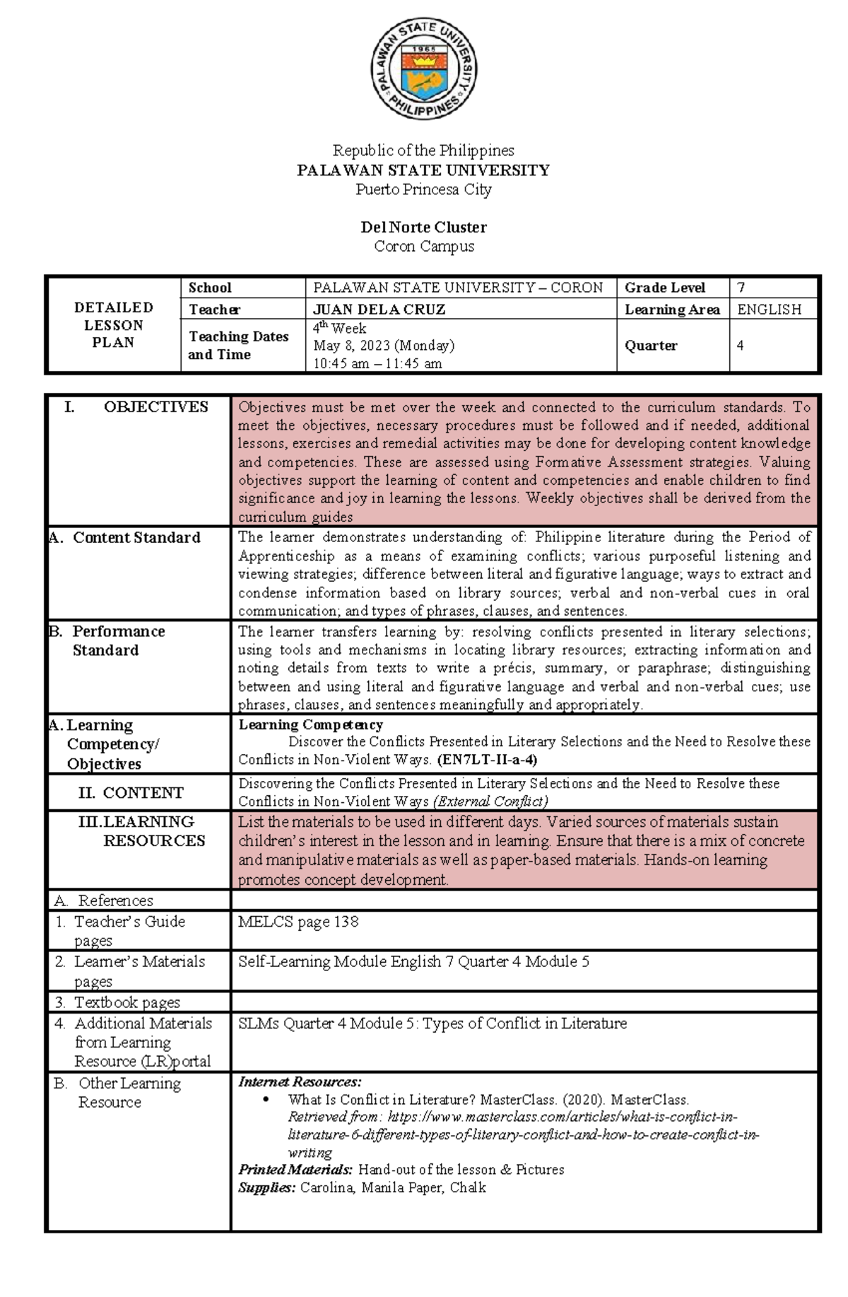 DLP-ENG7-Q4-2023: Detailed Lesson Plan on Literary Conflicts - Studocu