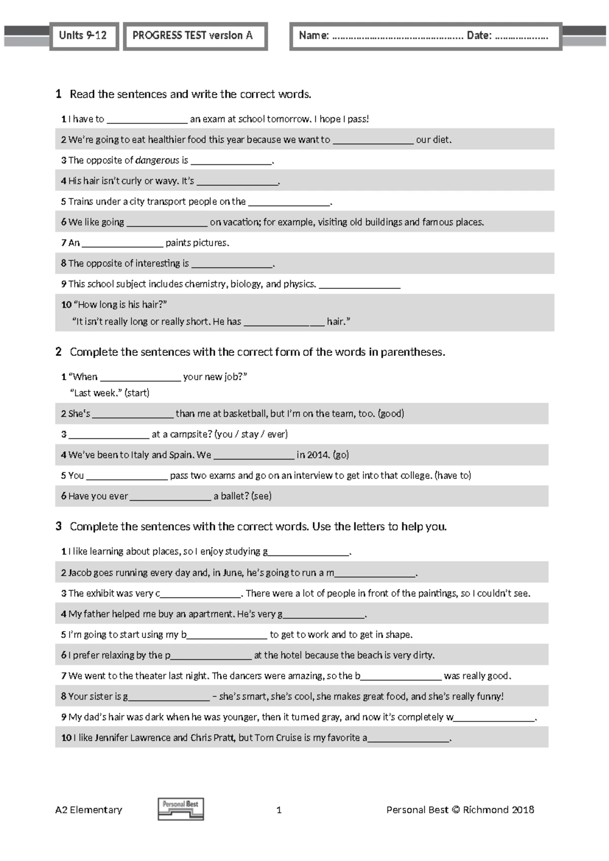 PB Am E A2 Term Test Units 9-12 Version B Progress Test - Studocu