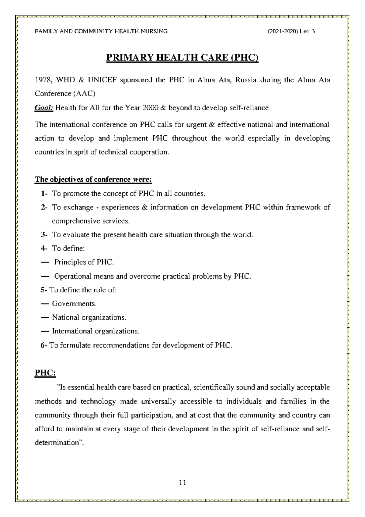 Lecture 3 - Essentials of Primary Health Care (PHC) in Nursing - Studocu