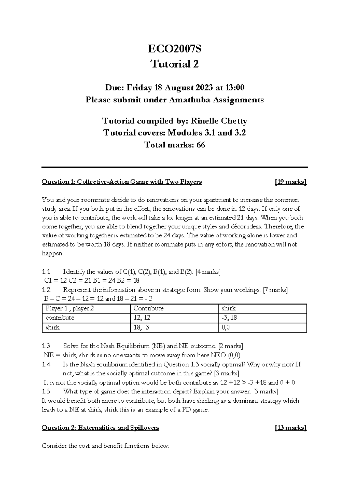 ECO2007S Tutorial 2 Answers: Game Theory and Externalities Analysis ...