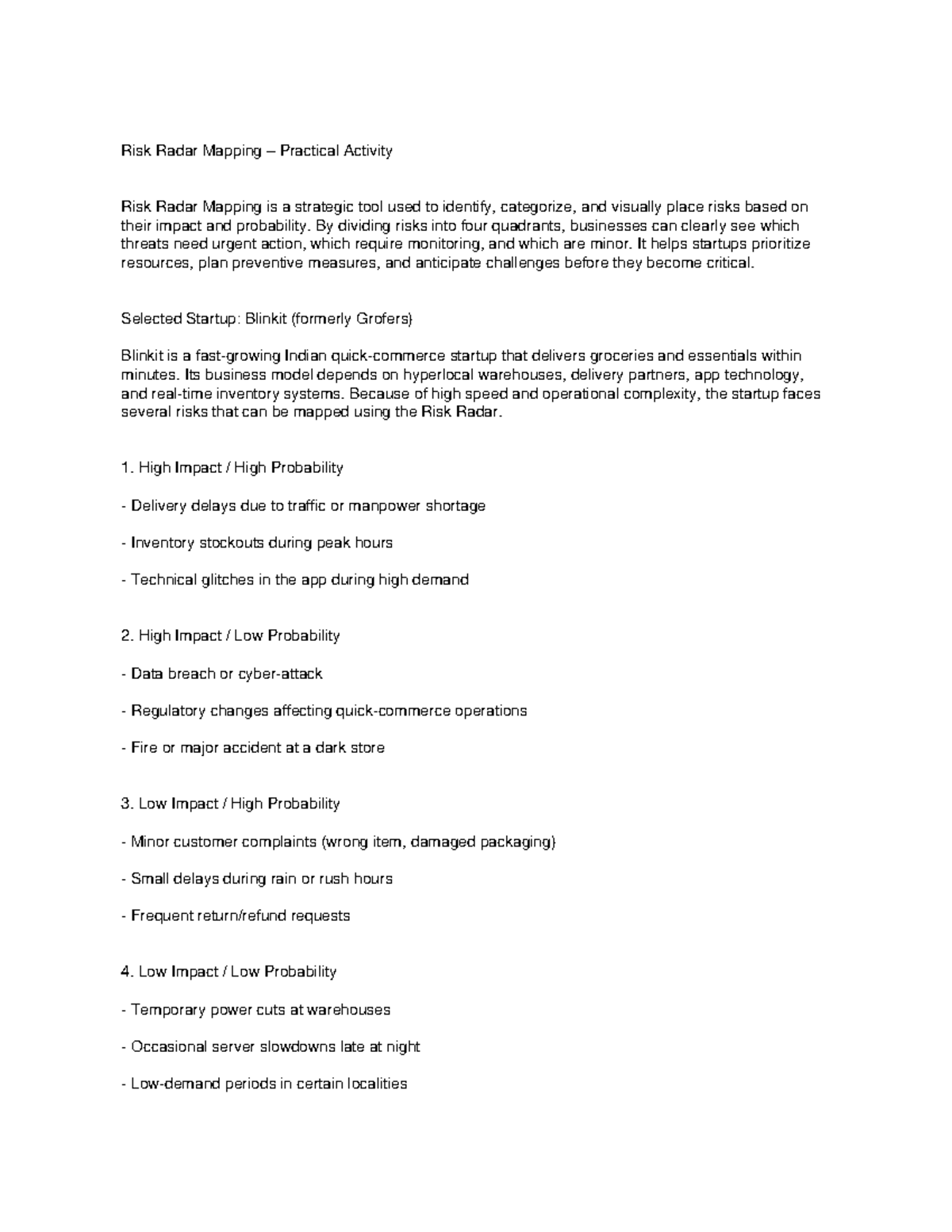 Risk Radar Mapping Practical Activity for Blinkit Analysis - Studocu