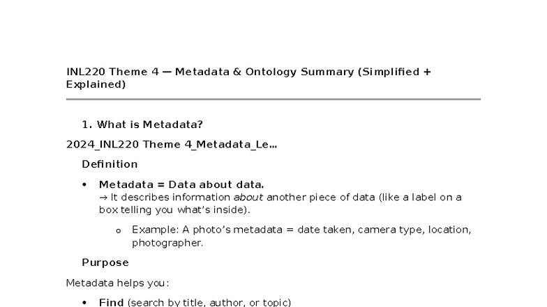 INL220 Theme 4 & 5 Metadata and Database Overview Summary - Studocu