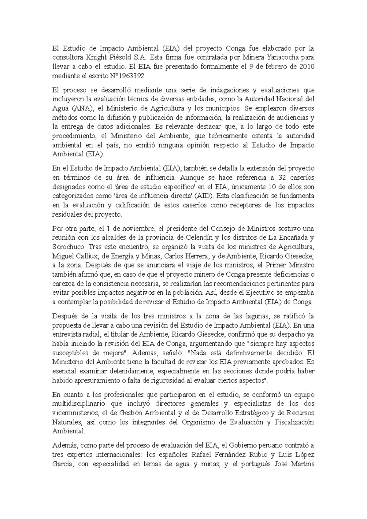 EIA del Proyecto Conga: Análisis del Impacto Ambiental y Revisión - Studocu