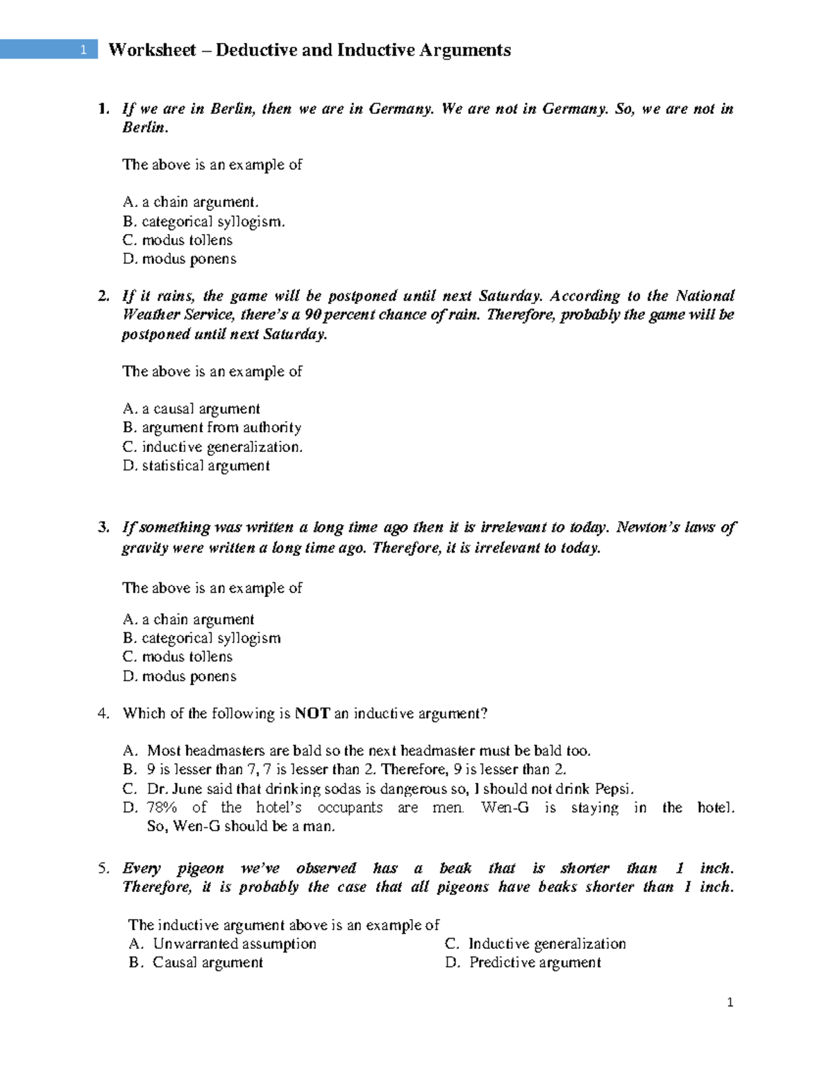 Lecture 6 Worksheet: Understanding Argument Forms and Reasoning - Studocu