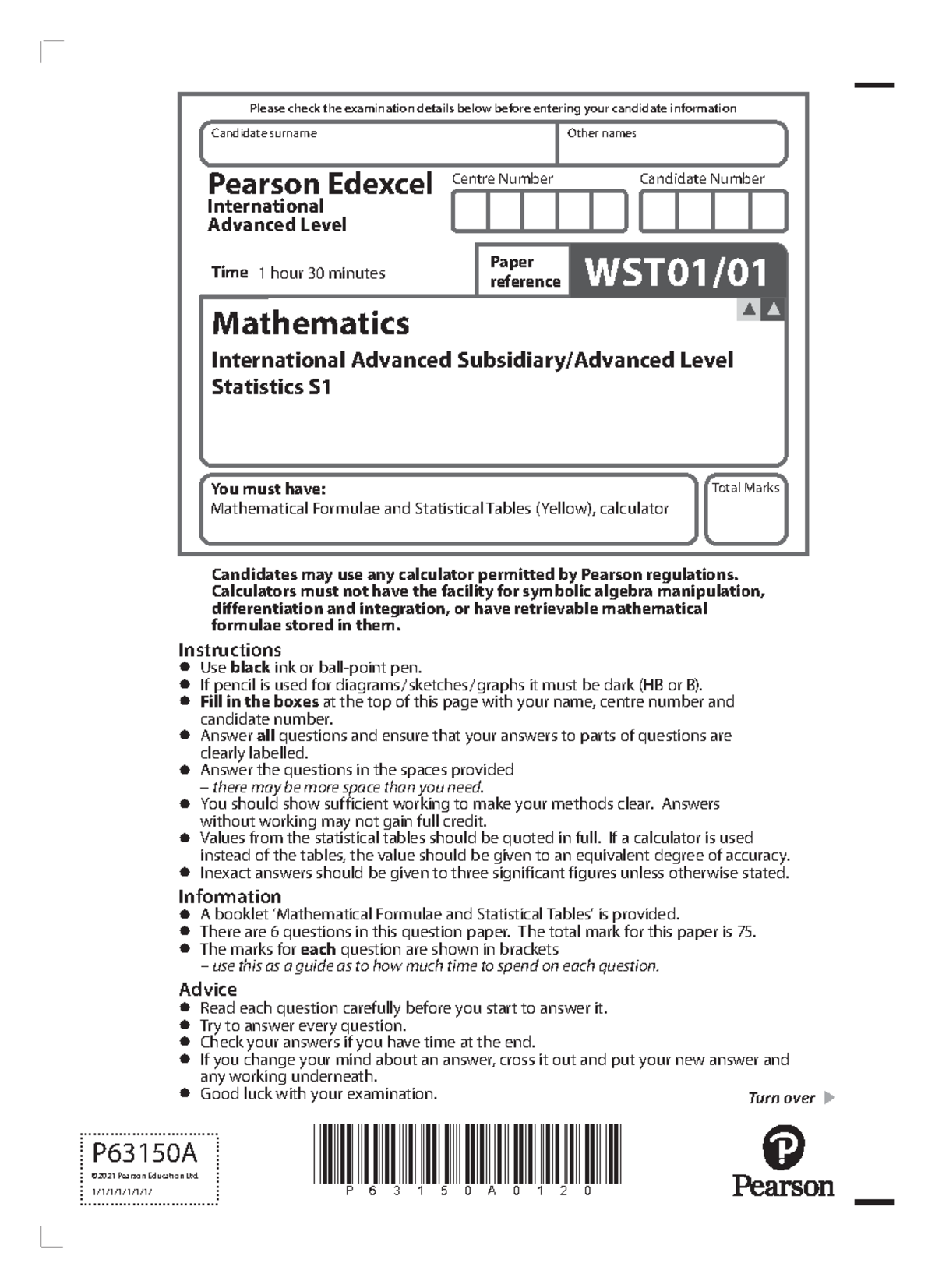 Edexcel S1 Maths May 21 Question Paper with Stats Topics - Studocu