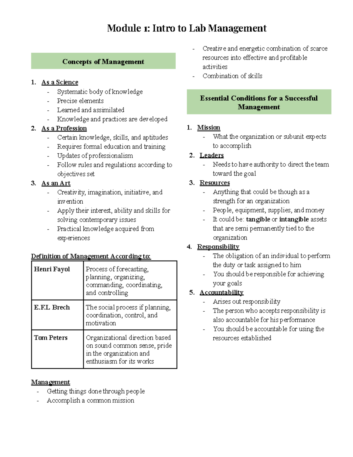 Laboratory Management I Lecture Notes: Key Concepts and Theories - Studocu