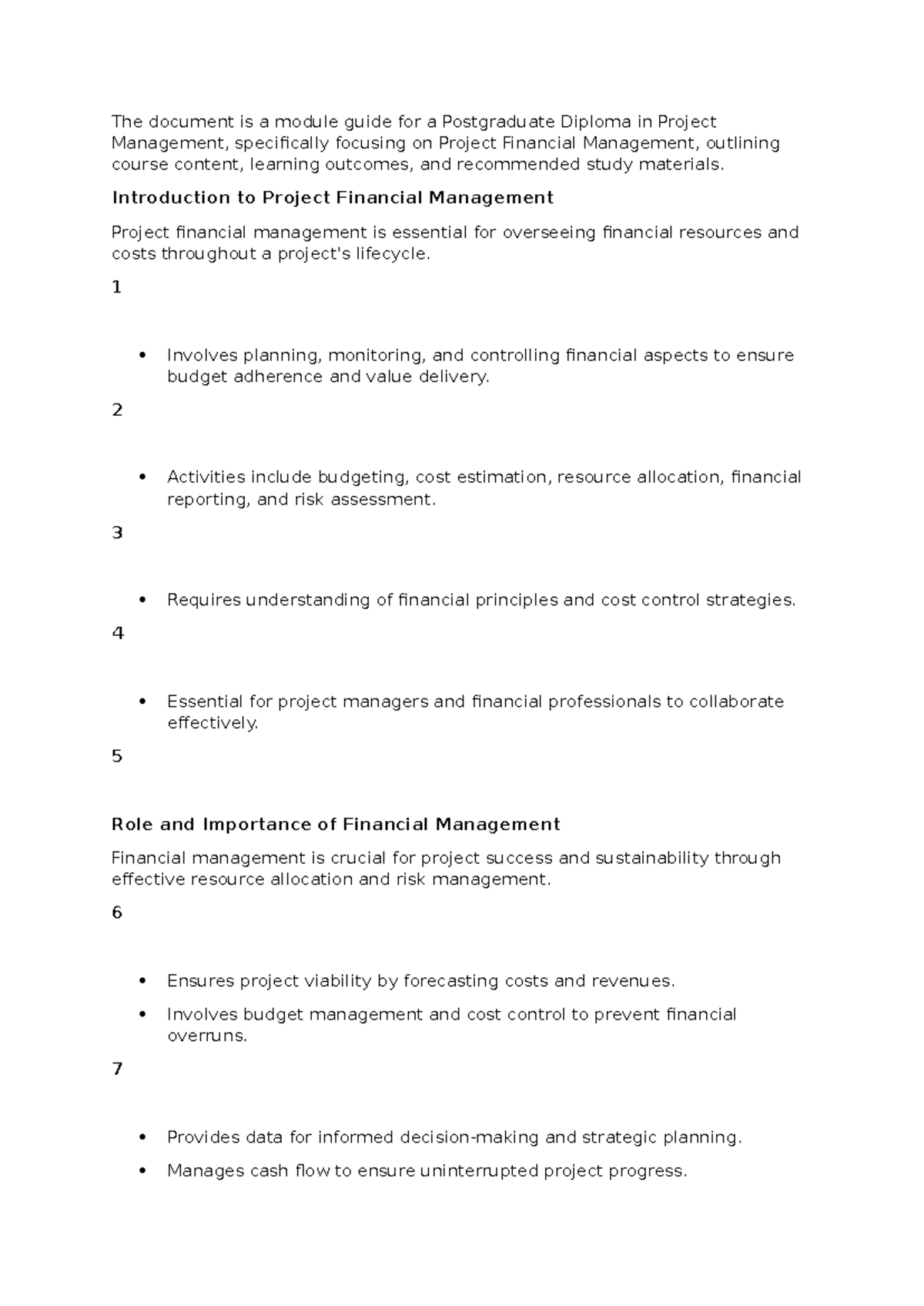 PFM 101: Project Financial Management Module Guide Summary - Studocu