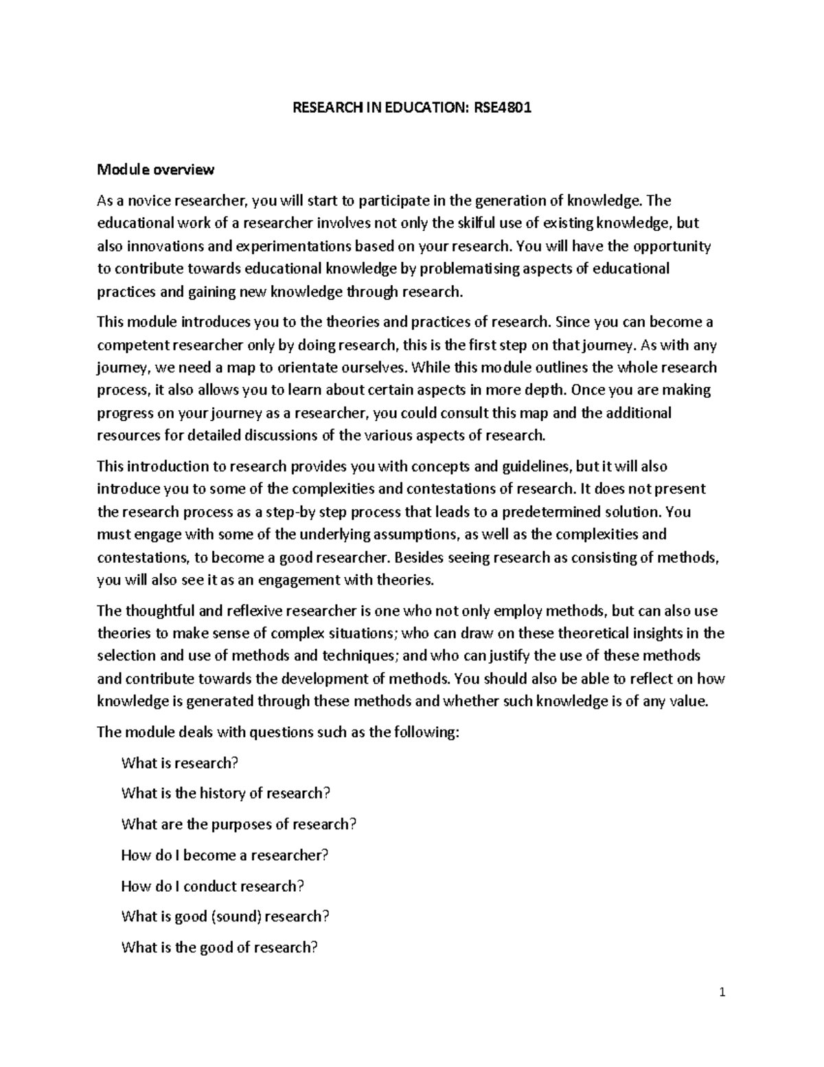 RSE4801 Module Overview: Introduction to Research in Education - Studocu