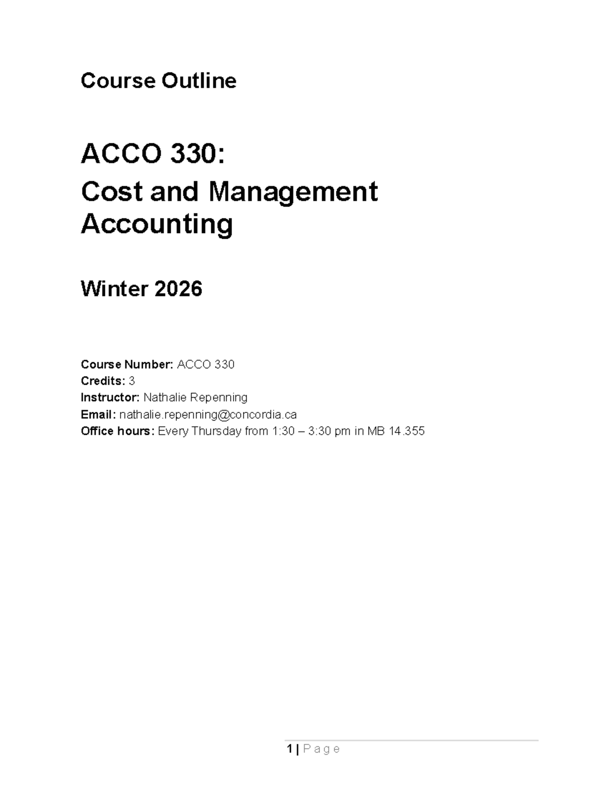 ACCO 330: Cost & Management Accounting Course Outline - Winter 2026 ...
