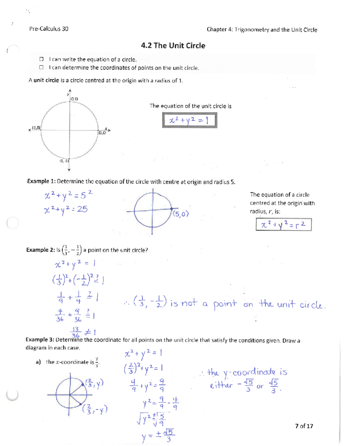 Precalc 30: Chapter 4.2 Teacher Notes on Trigonometry & Unit Circle ...