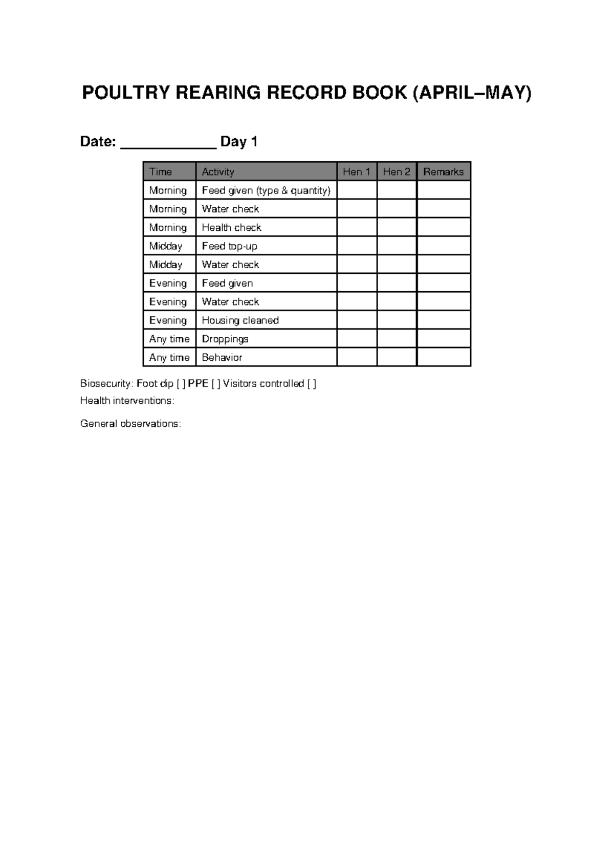 Poultry Rearing Record Book: Daily Activities & Health Checks - Studocu