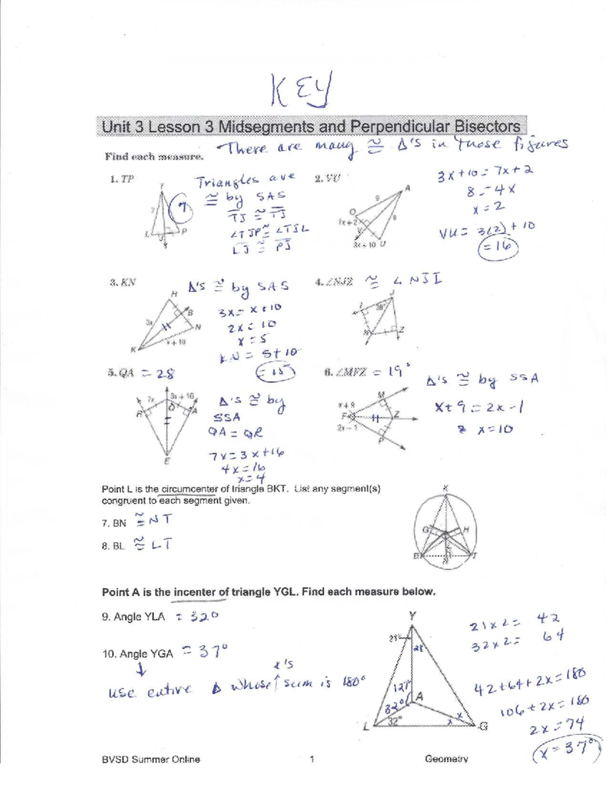 KEY Unit 3 Lesson 3: Midsegments & Perpendicular Bisectors in Geometry ...