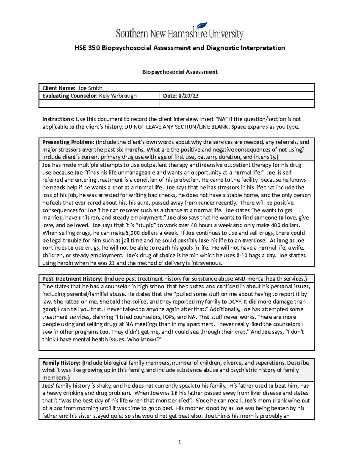 HSE 350 Final Assessment: Biopsychosocial Analysis of Joe Smith - Studocu