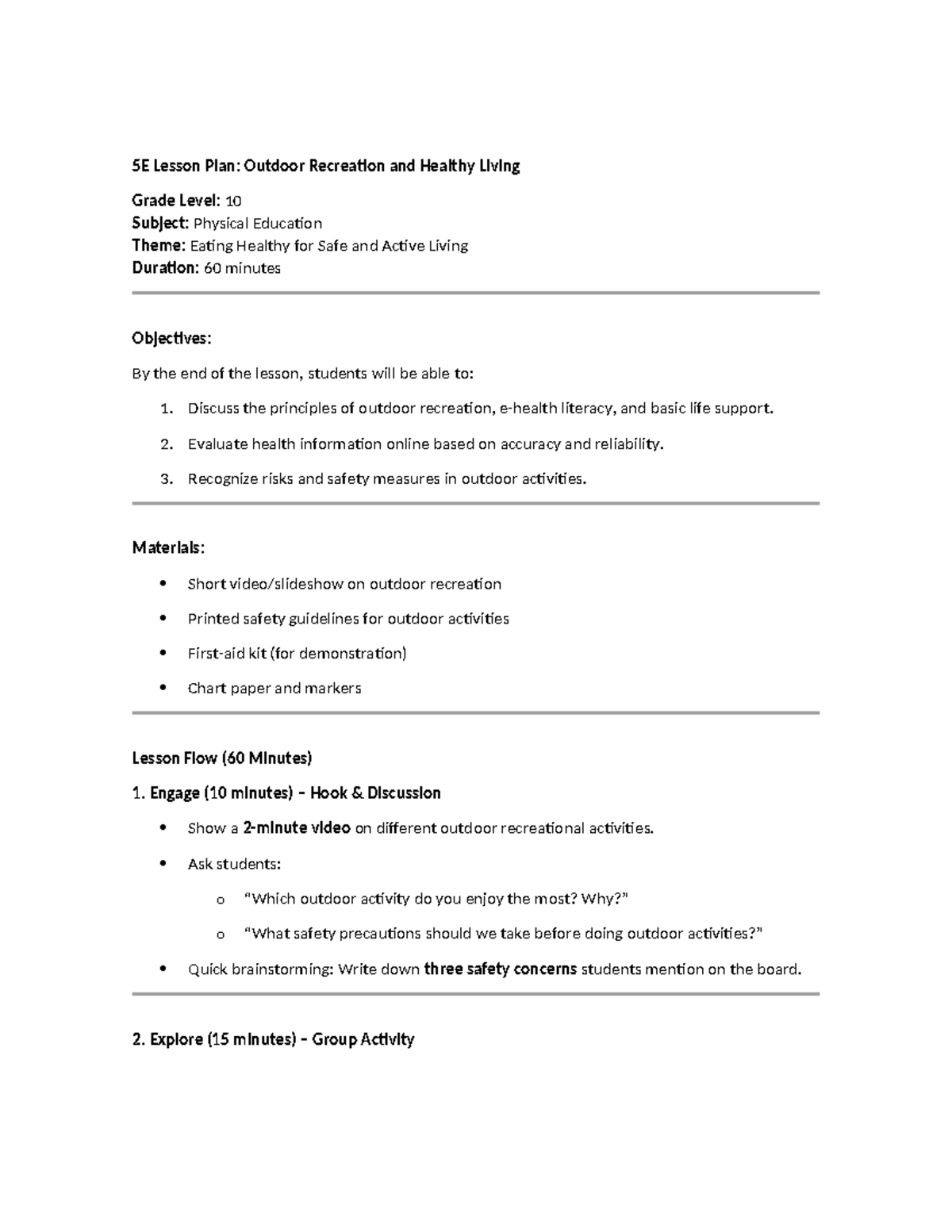 5E Lesson Plan: Outdoor Recreation & Healthy Living (Grade 10) - Studocu