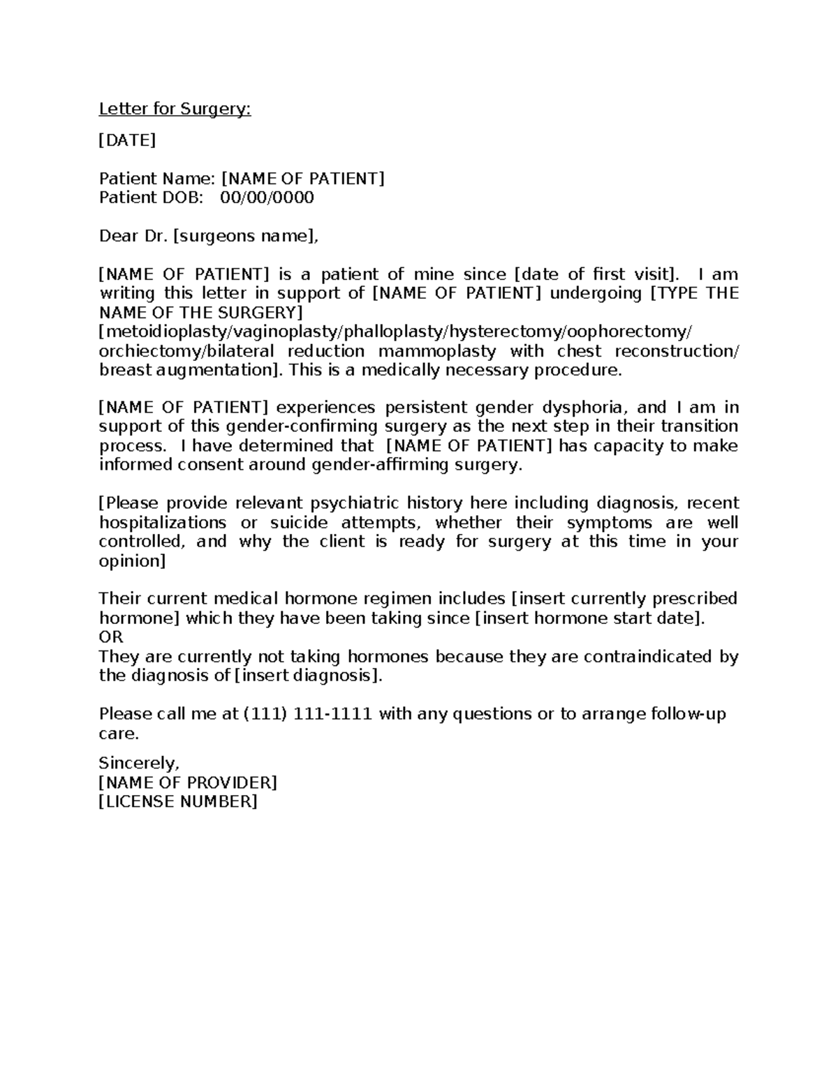 Sample Letter for Surgery: Support for Reduction Mammoplasty - Studocu