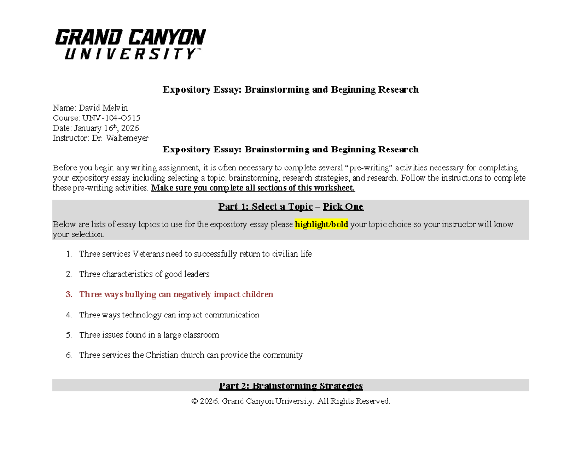 UNV-104-RS-T1: Expository Essay Brainstorming & Research Guide - Studocu