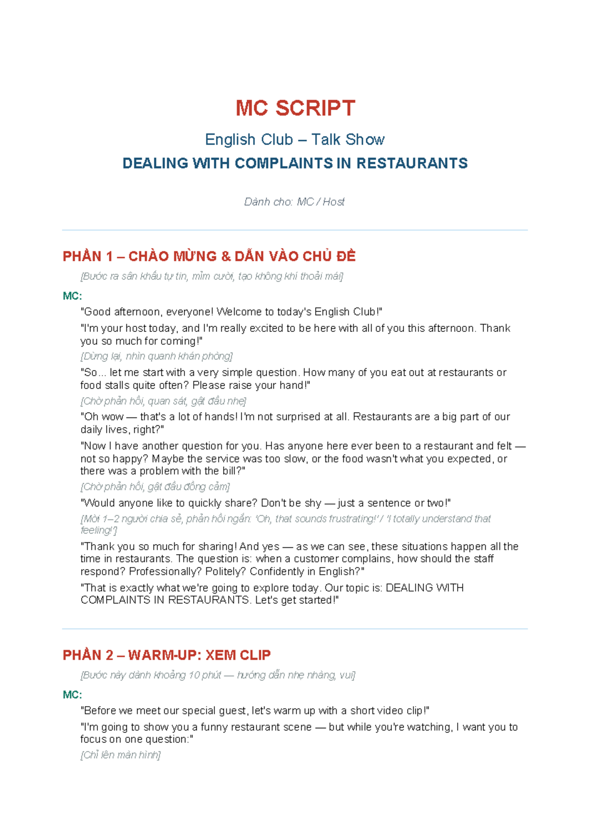 MC Script Talk Show: Dealing with Restaurant Complaints - Studocu
