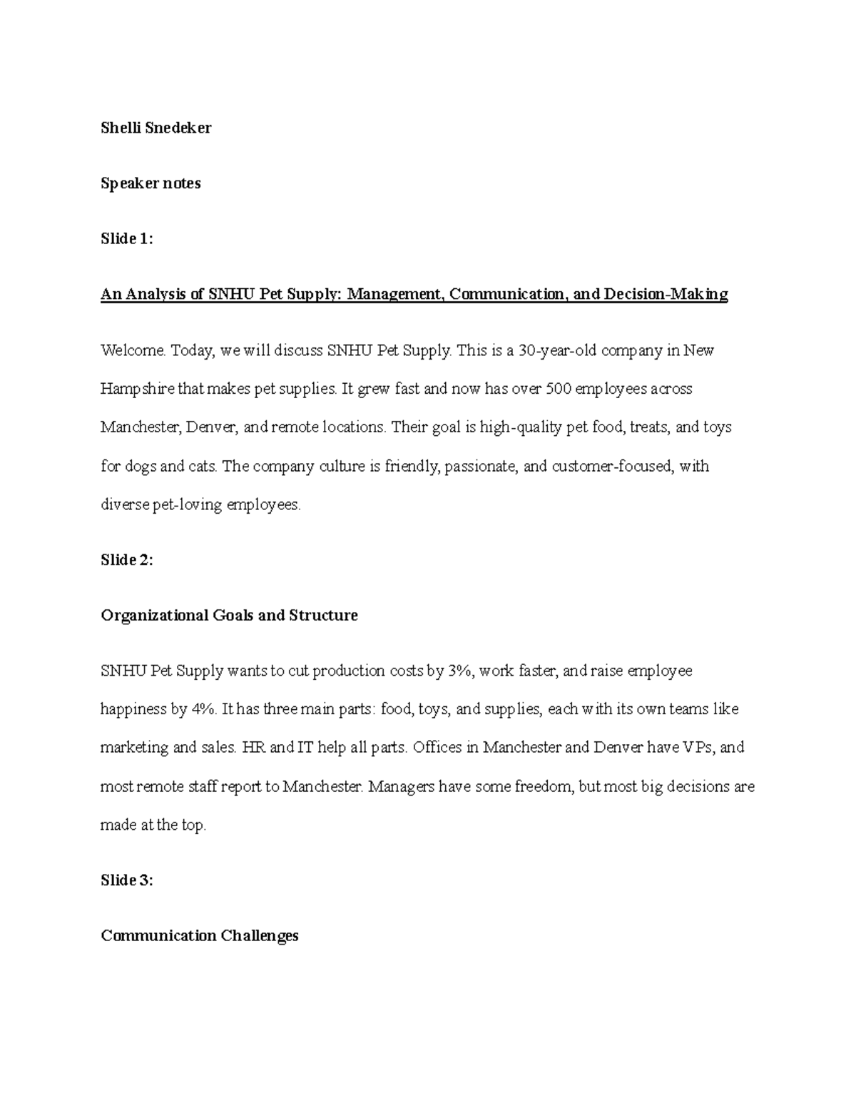 BUS 210 Speaker Notes: Analyzing SNHU Pet Supply's Management ...