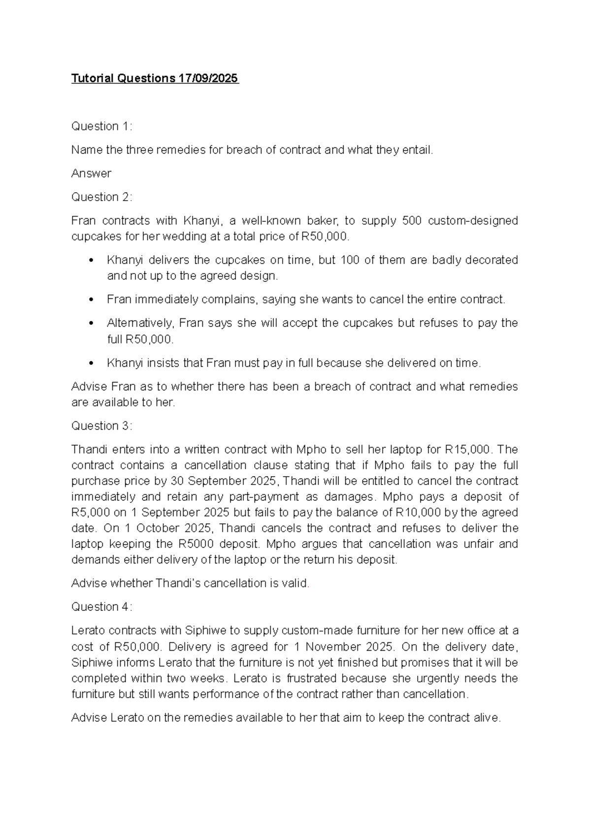 17092025 Tutorial Questions on Breach of Contract Remedies - Studocu