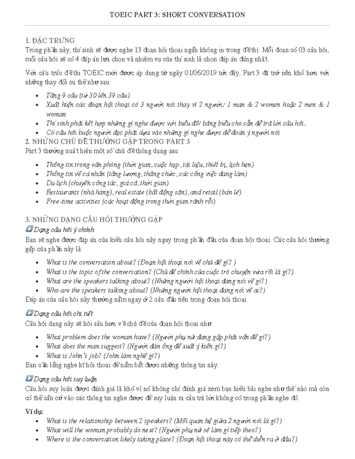 TOEIC PART 3: SHORT CONVERSATIONS OVERVIEW AND STRATEGIES - Studocu