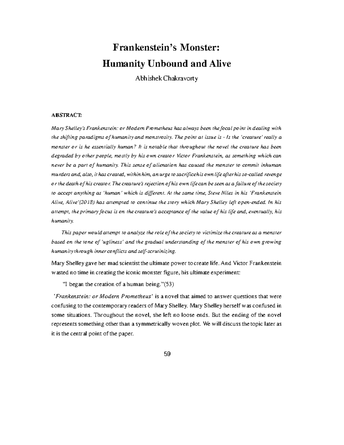 Frankensteins Monster Humanity Unbound and Alive Abhishek Chakravorty ...