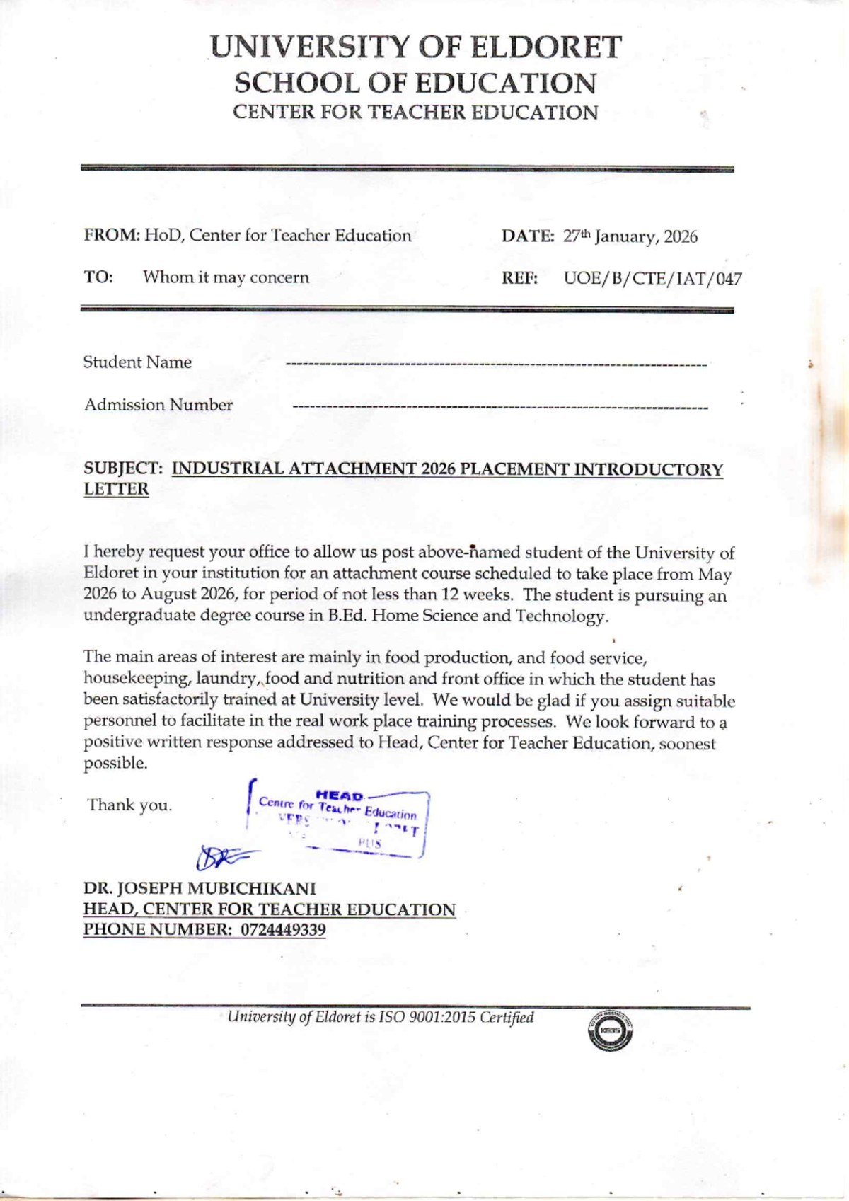 Industrial Attachment Placement Introductory Letter - B.Ed. Home ...