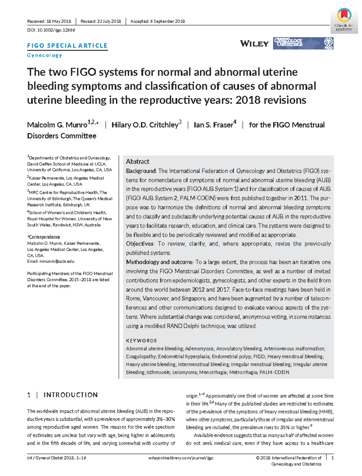 Abnormal Uterine Bleeding: 2018 FIGO Classification Revisions - Studocu