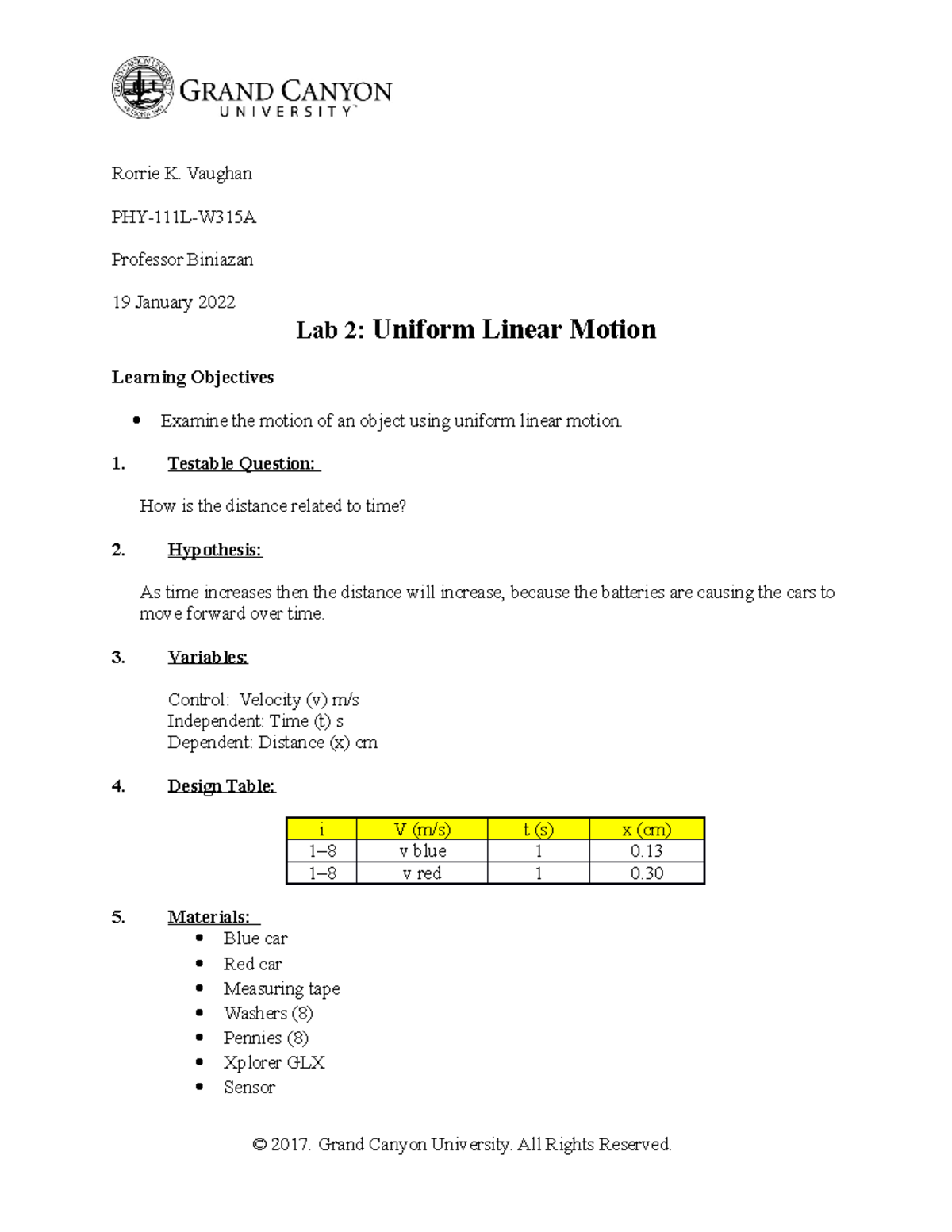 Lab 2 Analysis of Uniform Linear Motion in PHY-111L - Studocu