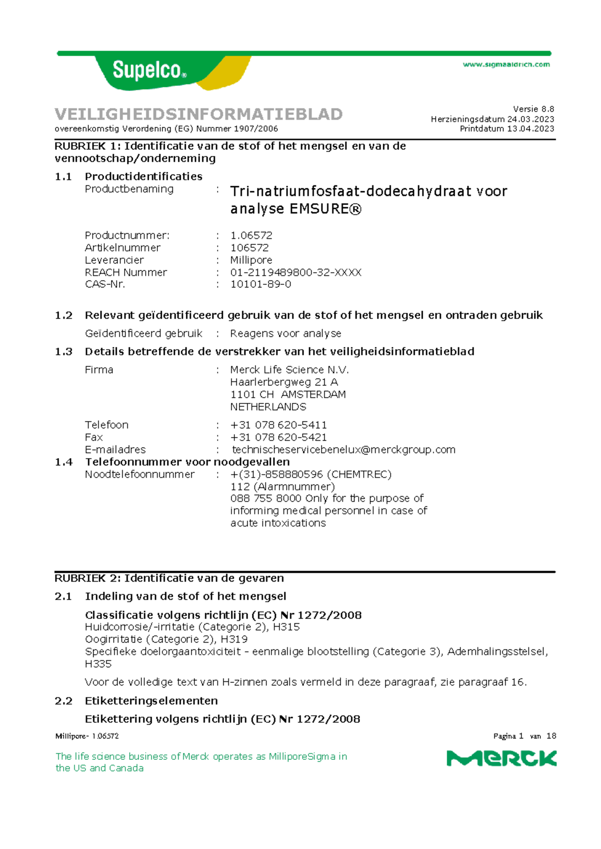 MSDS voor Trisodiumfosfaat (Na3PO4·12H2O) - Versie 8.8 - Studeersnel
