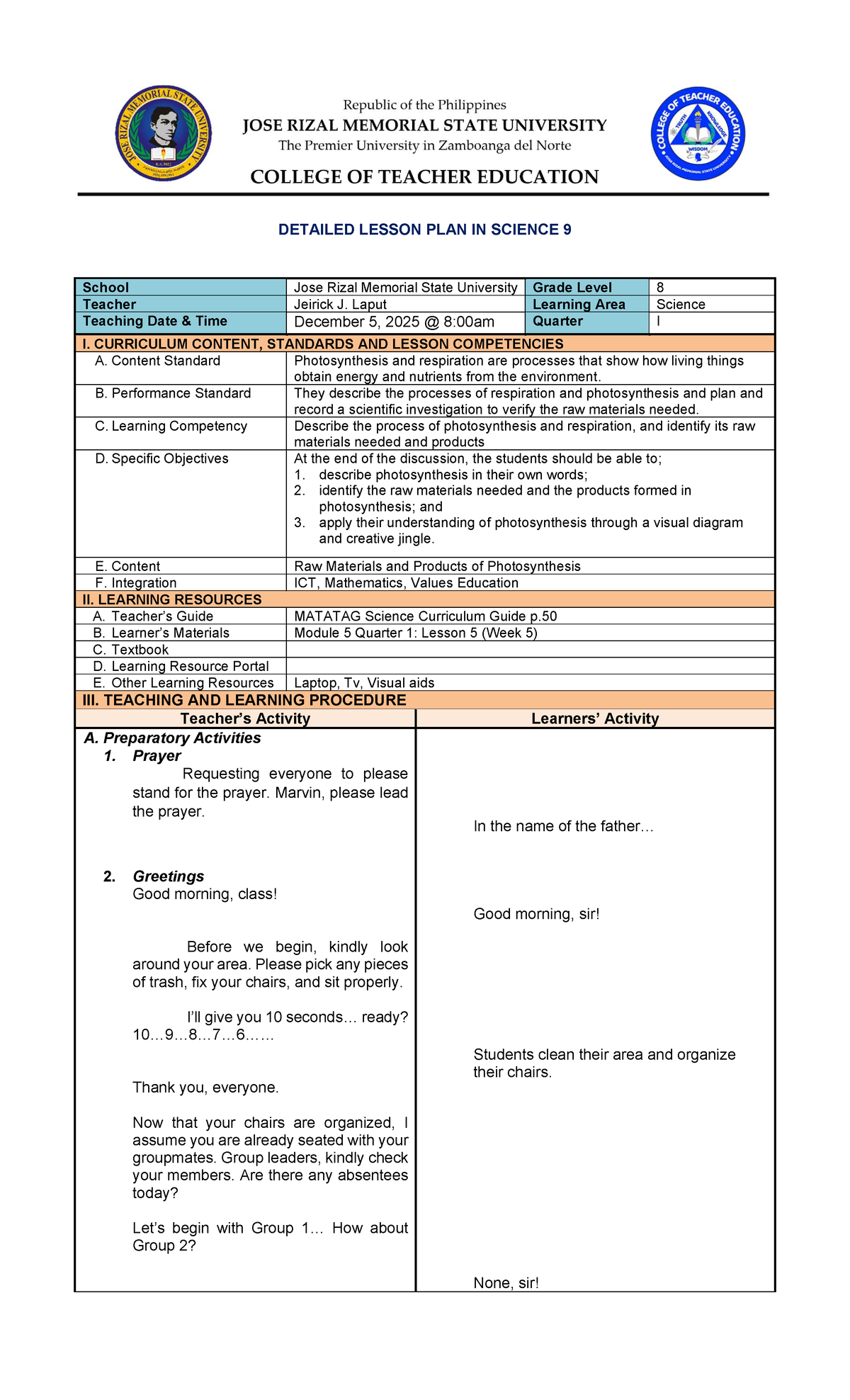 Science 9 Lesson Plan: Understanding Photosynthesis and Respiration ...