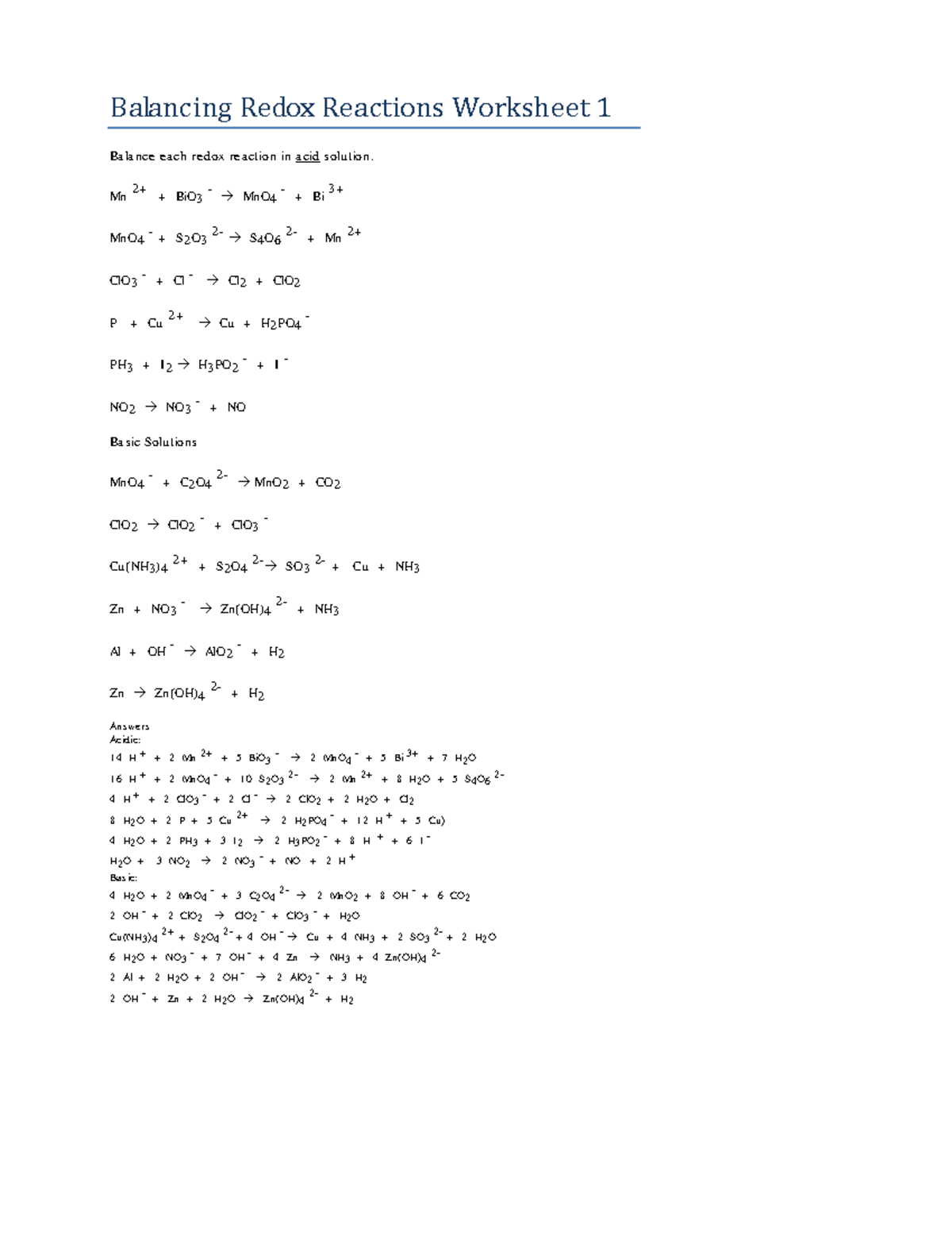 Balancing Redox Reactions Worksheet 1: Acid & Basic Solutions - Studocu