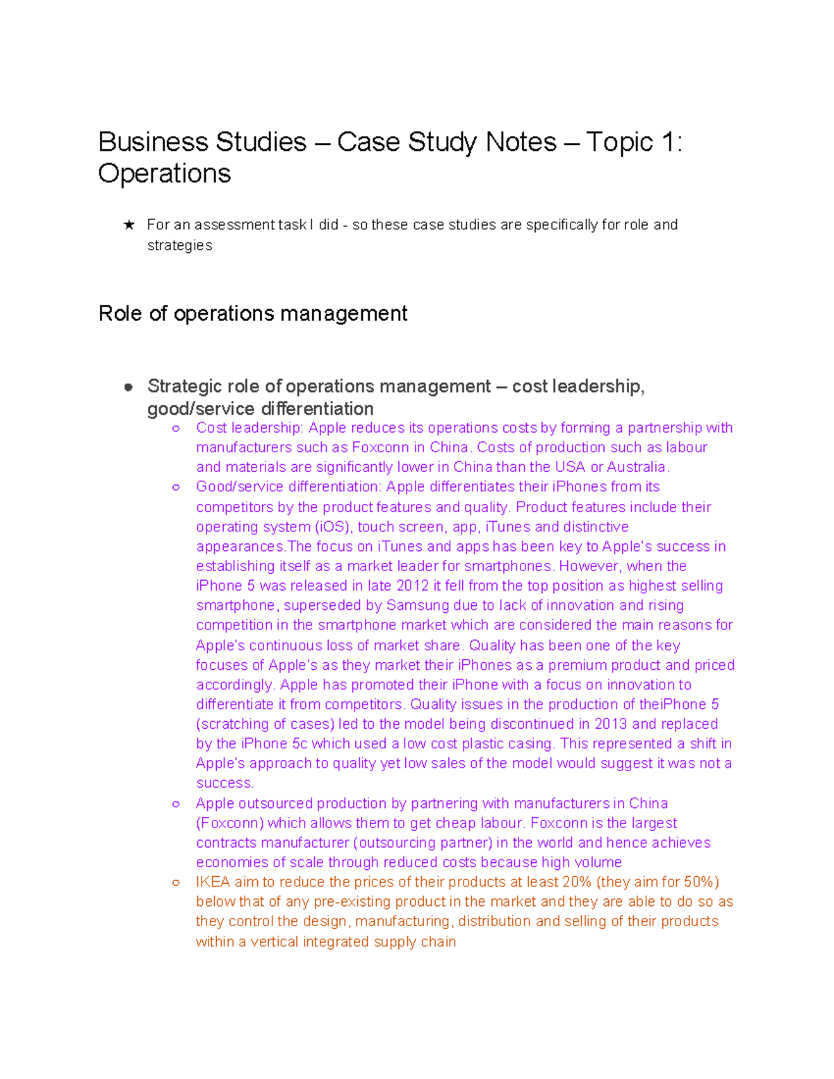 Business – Case Study Notes – Topic 1 Operations - Business Studies ...