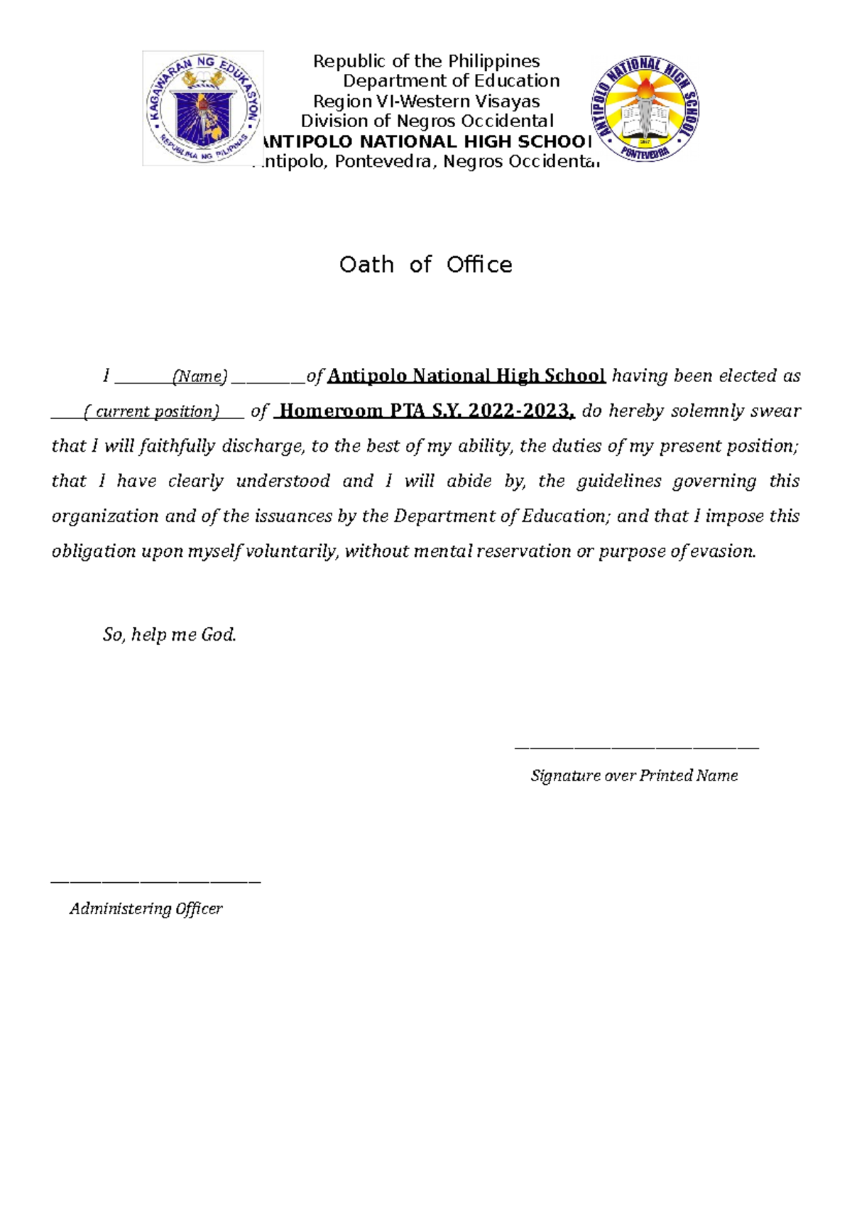 Homeroom PTA Officers Oath of Office for S.Y. 2022-2023 - Studocu