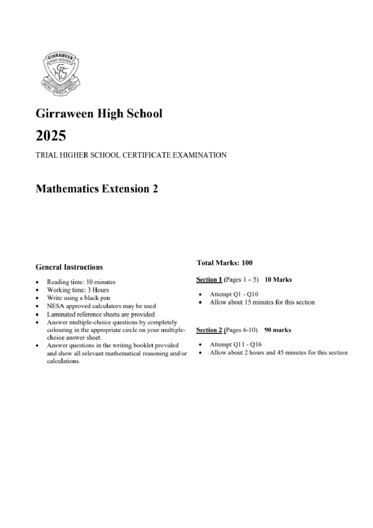 CGIRRAWEF HSC 2025 Trial Mathematics Extension 2 Exam - Studocu