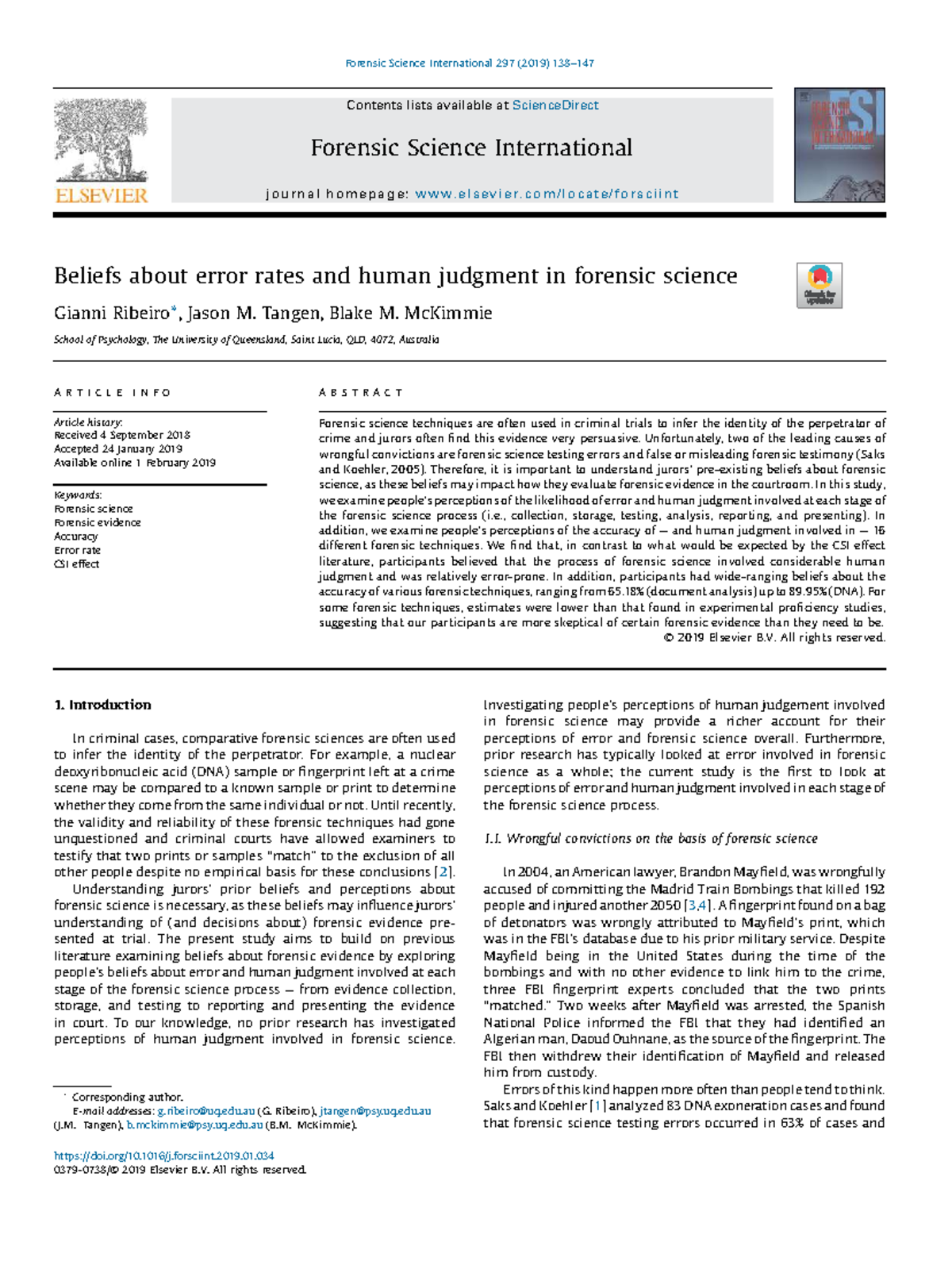 Beliefs About Error Rates and Human Judgment in Forensic Science (PSYC ...