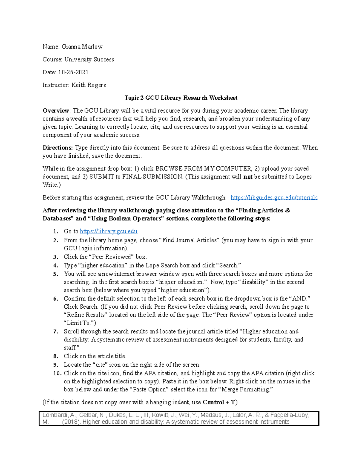 Topic 2 Library Research assignment- GCULibrary - Name: Gianna Marlow ...