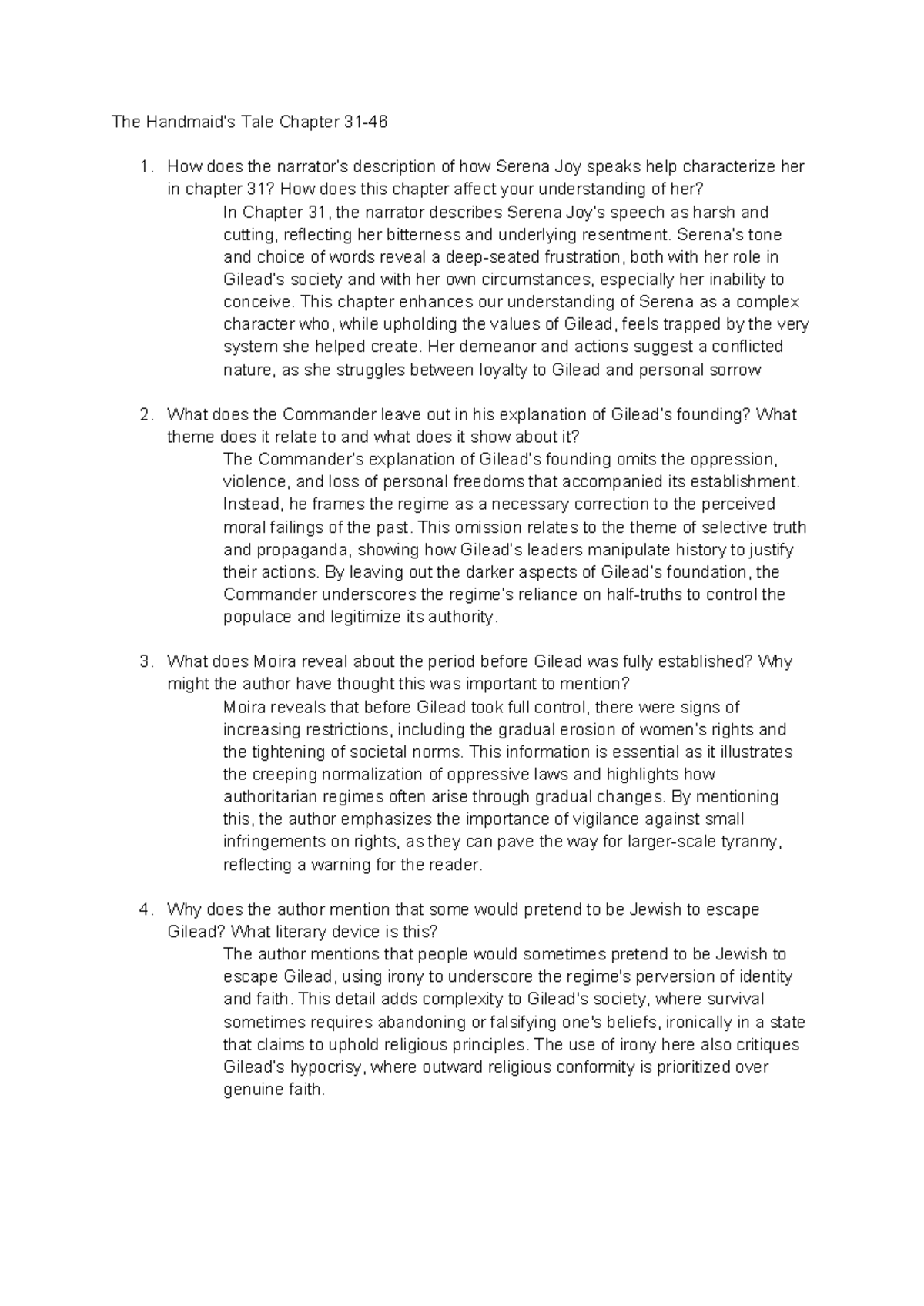 Questions on Ch. 31-46 of The Handmaid's Tale: Insights & Analysis ...