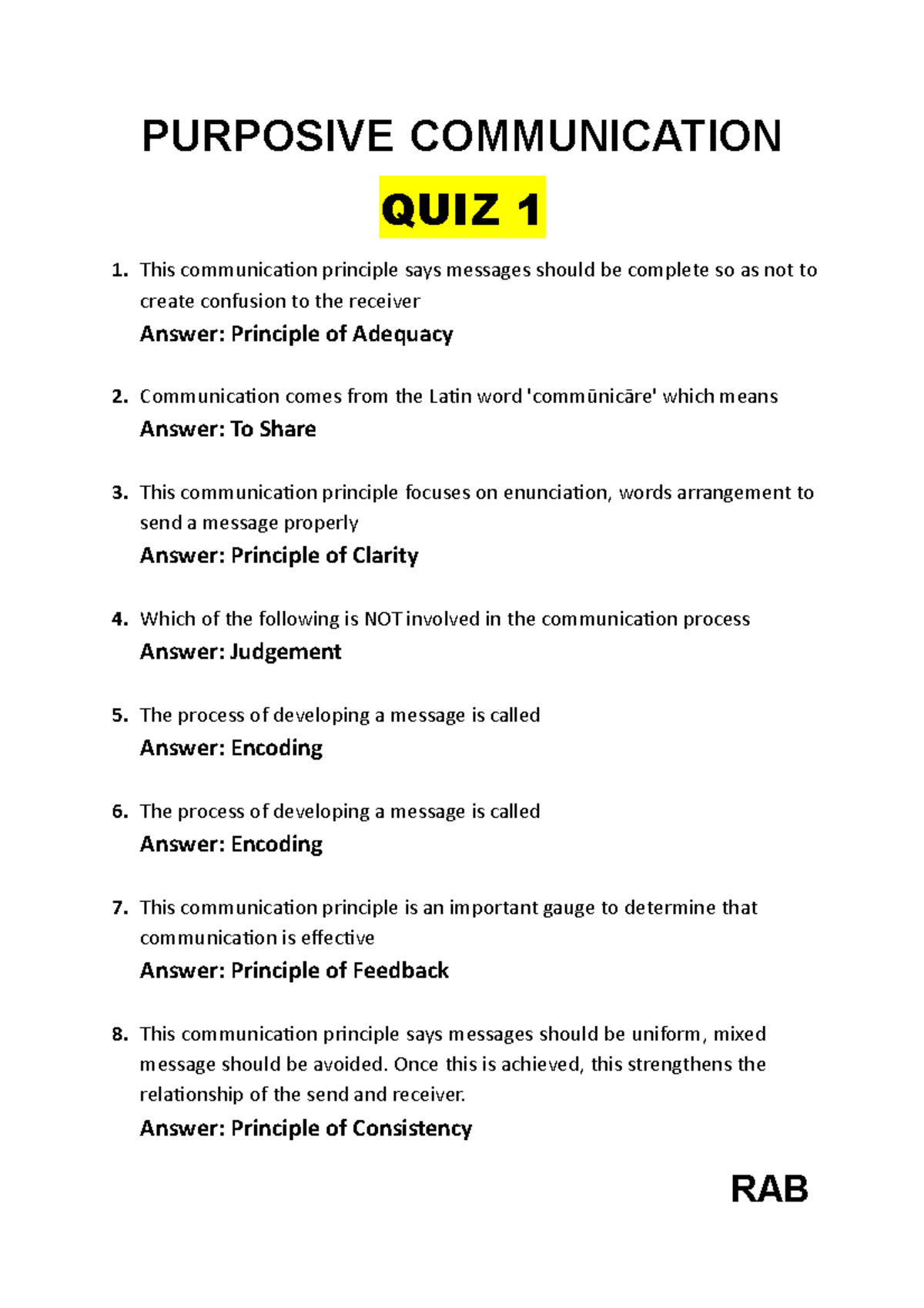Quiz 1 and Midterms for RAB: Purposive Communication Insights - Studocu