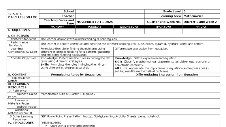 DLL Mathematics 6 Q3 W2 - Daily Lesson Log and Review - Studocu