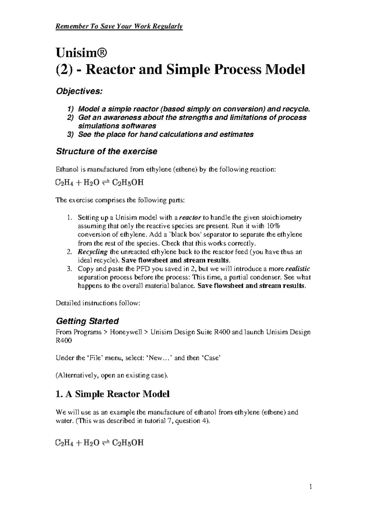 Tutorial 9 - Uni Sim 2 - Unisim® (2) - Reactor and Simple Process Model ...