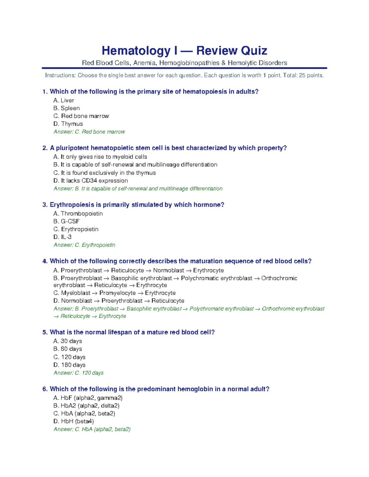 Hematology I Review Quiz: Red Blood Cells & Anemia Insights - Studocu