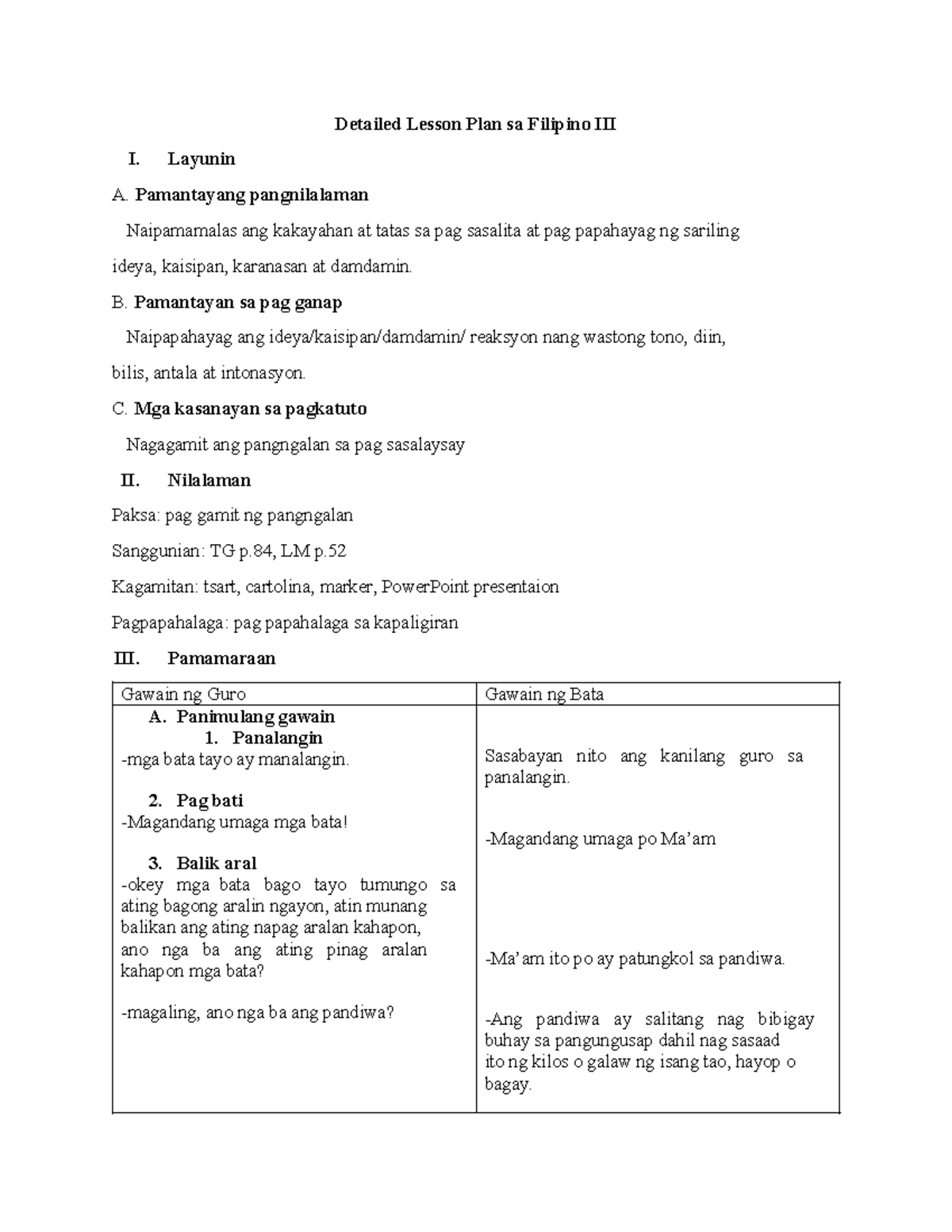 Detailed Lesson Plan for Filipino III: Pangngalan Activities - Studocu