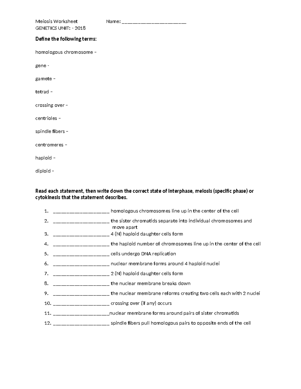 Meiosis Worksheet GENETICS UNIT 2018: Key Terms & Phases - Studocu