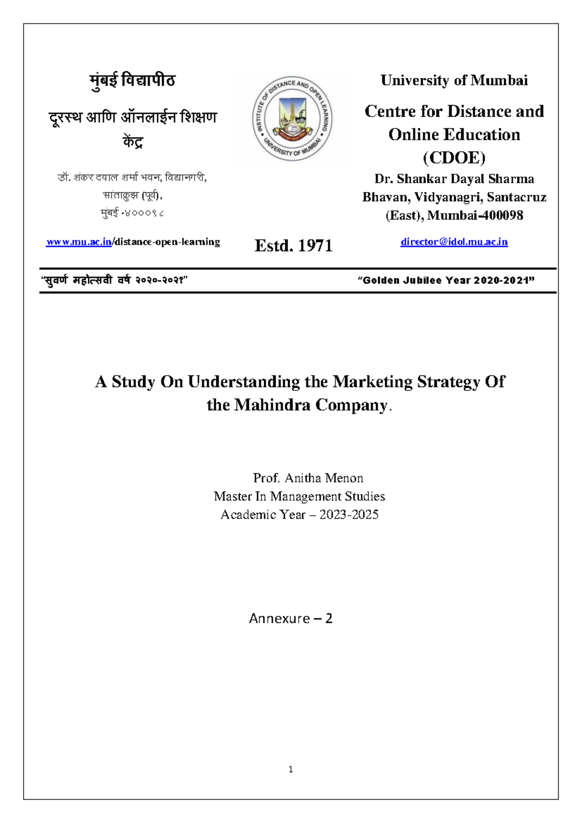 MMS 4 General Management Project: Marketing Strategy of Mahindra ...