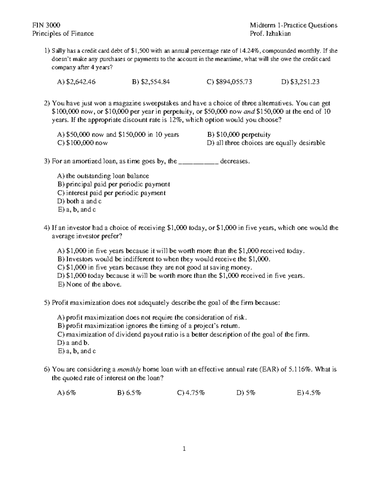 FIN Principles of Finance Midterm Practice Questions - Prof. Izhakian ...