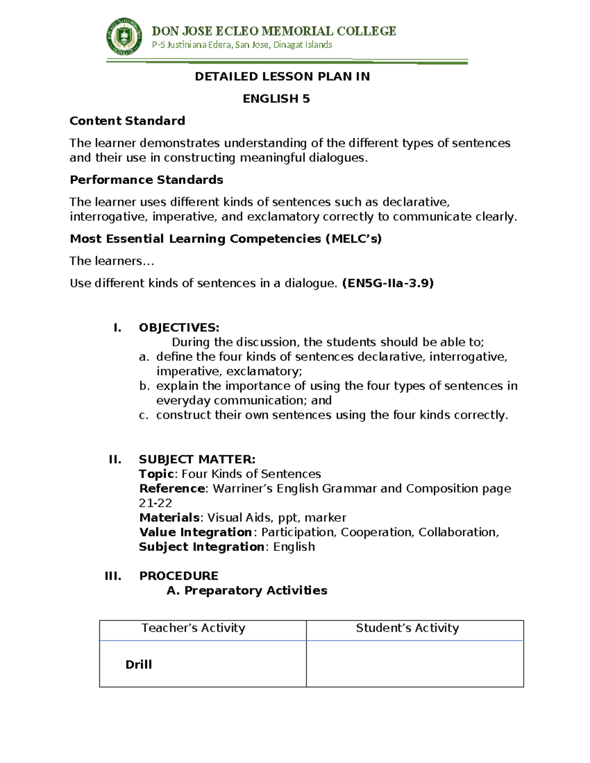 DLP ENGLISH 5: Understanding the Four Types of Sentences - Studocu