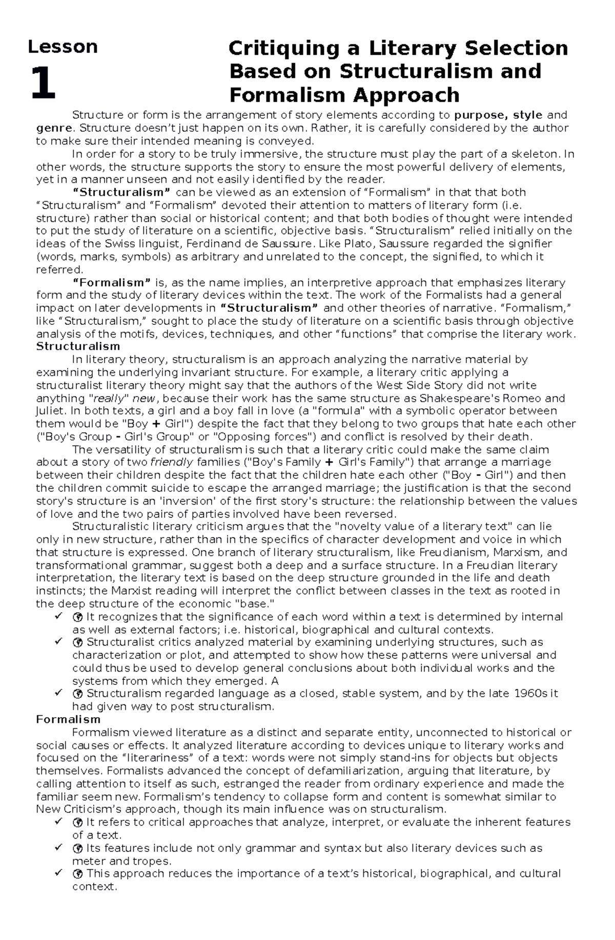 Structuralism and Formalism: A Critical Literary Analysis Lesson - Studocu