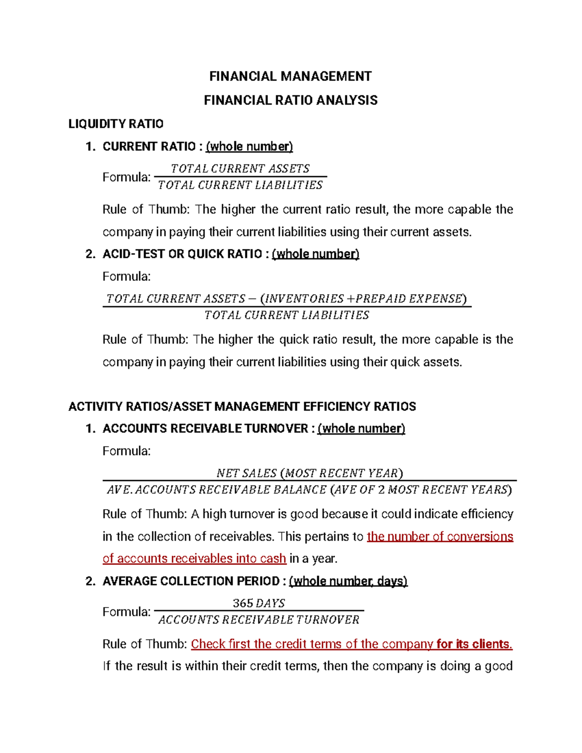 Financial Ratio Analysis Formulas: A Comprehensive Guide - Studocu