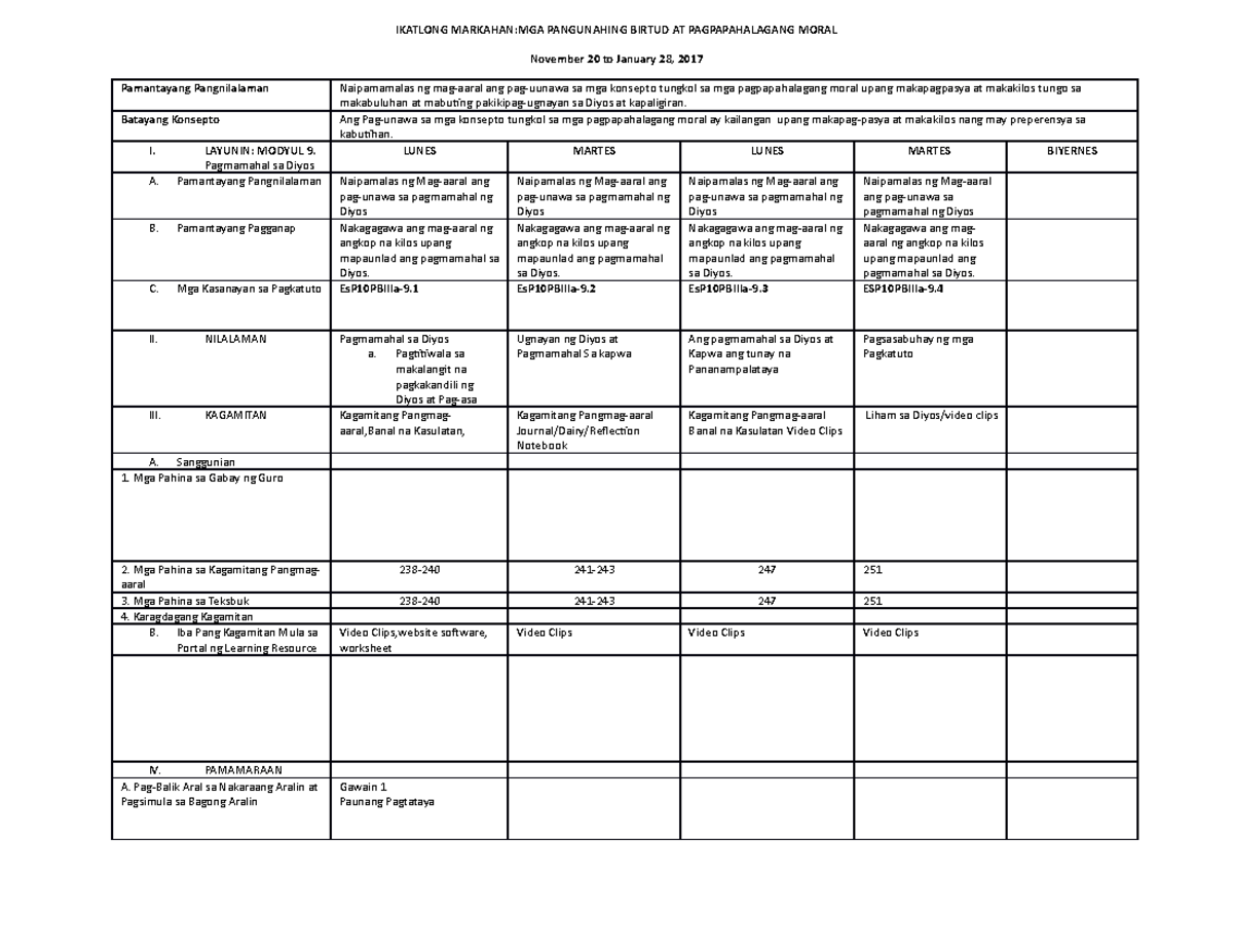DLL - ESP 10 3RD Quarter - Lesson Guide on Moral Values - Studocu